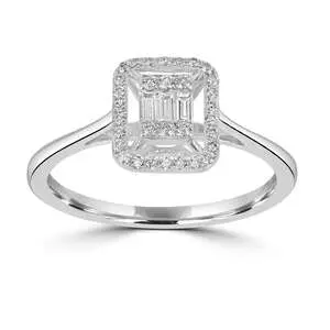 ARTISAN Geometric Baguette & Round Diamond Halo Ring In 18k Gold - White