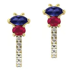 ARTISAN White / Blue Ruby, Blue Sapphire & Diamond Bar Drop Earrings In 18k Yellow Gold
