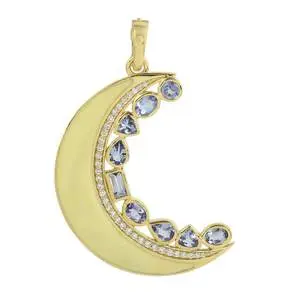 ARTISAN White / Blue / Yellow Tanzanite, Diamond & Enamel Crescent Moon Pendant In 14k Yellow Gold - White/blue/yellow