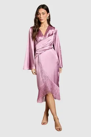 Coast V-neck Fringe Wrap Midi Dress - Rose