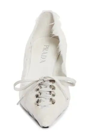 Prada Embellished Lace-up Kitten Heel Pumps - Bianco