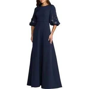 Mac Duggal Beaded Crepe Bishop Sleeve A Line Gown