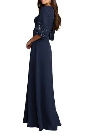 Mac Duggal Beaded Crepe Bishop Sleeve A Line Gown