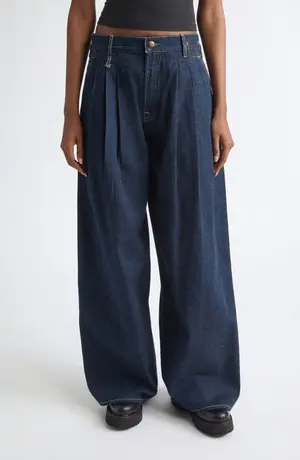 R13 Triple Pleated Wide Leg Jeans In Dark Wash Denim - Rinse Selvedge Indigo