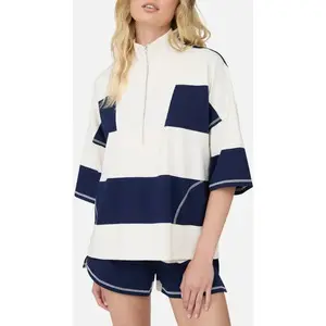 J.O.A. Stripe Half Zip Top & Shorts Set - Navy