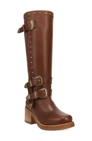 DINGO Fillmore Studded Knee High Boots With Buckle Hardware - Brown