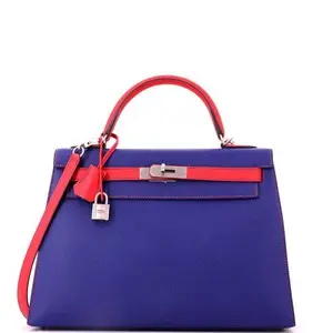 Hermès Kelly Handbag Bicolor Epsom With Brushed Palladium Hardware 32 - Blue