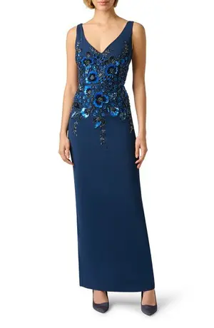 Adrianna Papell Beaded Crepe Column Gown - Light Navy