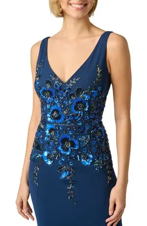 Adrianna Papell Beaded Crepe Column Gown