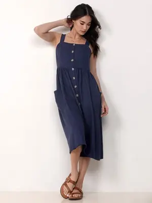 SINGLE STITCH Button Front Midi Dress - Navy