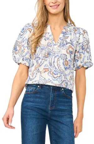 Halogen Floral Print Balloon Sleeve Top - Wild Wind