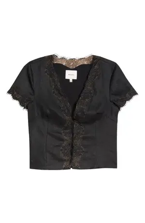 REFORMATION Brynn Lace Trim Linen Crop Top - Black