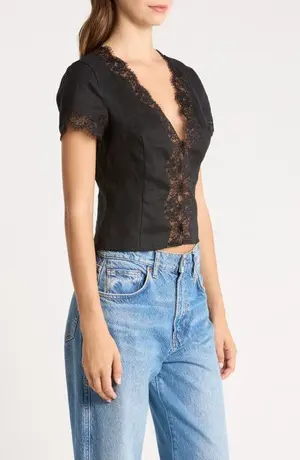 REFORMATION Brynn Lace Trim Linen Crop Top - Black