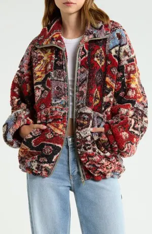 BDG URBAN OUTFITTERS Mae Print Fleece Zip Front Sweatshirt - Red