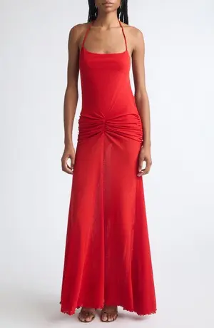 SIEDRES Ruched Mesh Halter Maxi Dress - Red