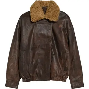 R13 Leather Bomber Jacket With Removable Genuine Shearling Collar