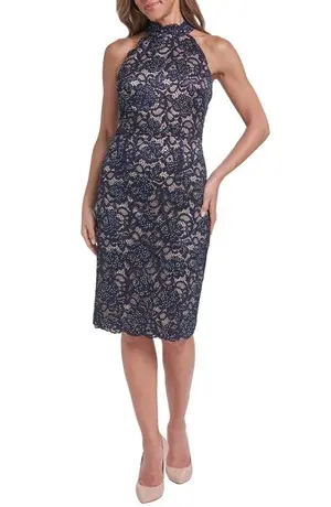 Eliza J Lace Mock Neck Sleeveless Sheath Dress - Navy Tan