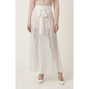 MODENAIRE Sheer Lace Panel Pleated Maxi Skirt