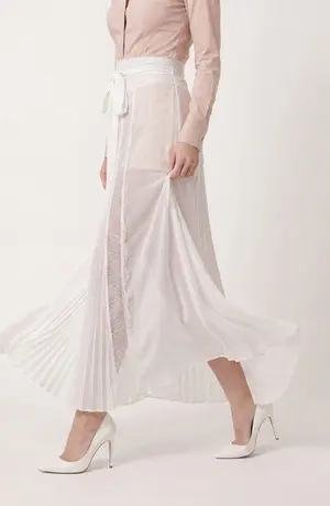 MODENAIRE Sheer Lace Panel Pleated Maxi Skirt