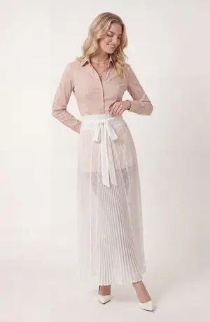 MODENAIRE Sheer Lace Panel Pleated Maxi Skirt