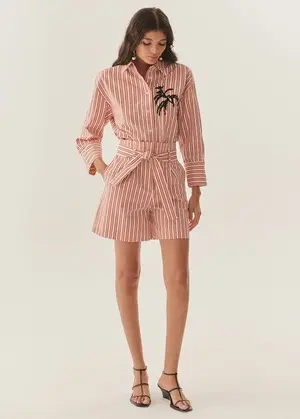 EXQUISE Raegan Striped Belted High-waisted Shorts
