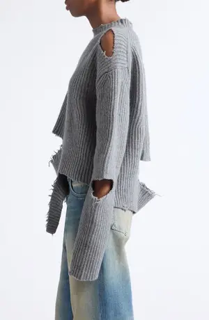 HAIKURE Distressed Ribbed Mock Neck Merino Wool Sweater - Grey