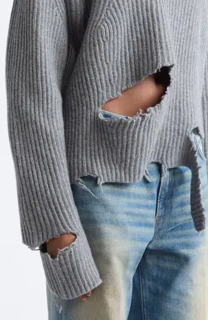 HAIKURE Distressed Ribbed Mock Neck Merino Wool Sweater - Grey