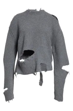 HAIKURE Distressed Ribbed Mock Neck Merino Wool Sweater - Grey