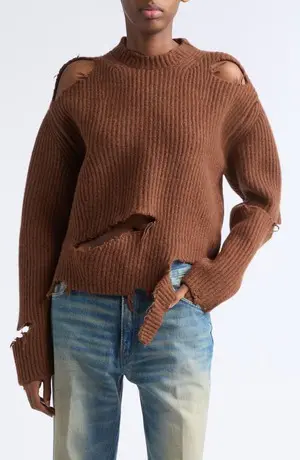 HAIKURE Distressed Ribbed Mock Neck Merino Wool Sweater - Tabac