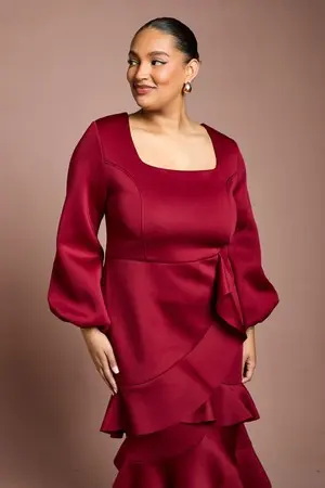 Coast Plus Square Neck Balloon Sleeve Ruffle Midi Dress