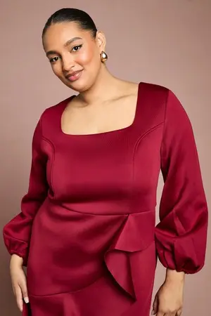 Coast Plus Square Neck Balloon Sleeve Ruffle Midi Dress