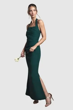 Coast Halterneck Maxi Dress With Gathered Waist And Side Slit - Emerald