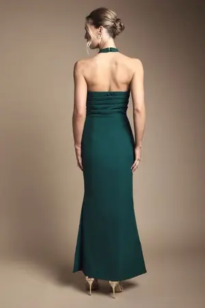 Coast Halterneck Maxi Dress With Gathered Waist And Side Slit - Emerald