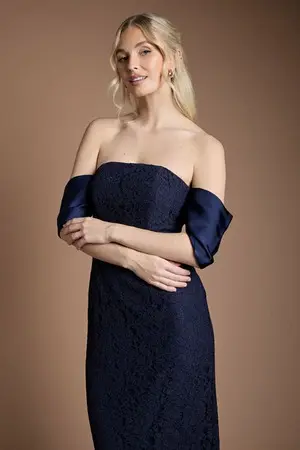 Coast Bardot Neck Short Sleeve Lace Maxi Dress - Navy