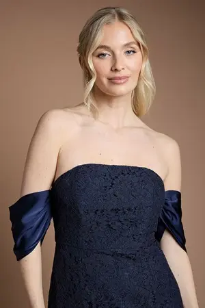 Coast Bardot Neck Short Sleeve Lace Maxi Dress - Navy