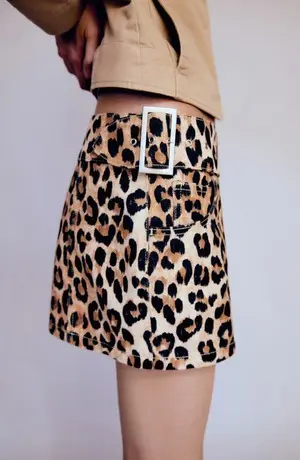 Mango Leopard Print Denim Mini Skirt