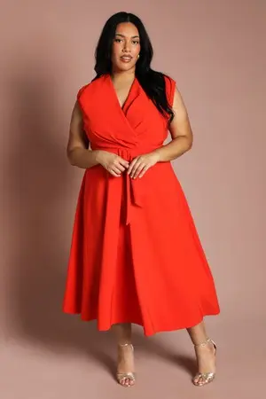 Coast Plus V-neck Belted Midi Dress - Flame Red