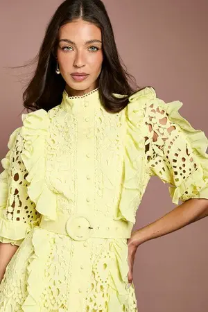 Coast Lace Ruffle Belted Shirt Dress - Yellow