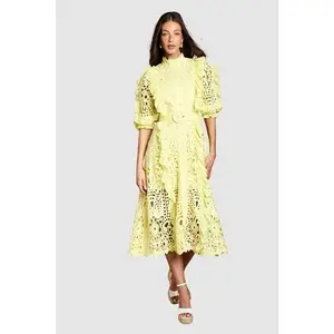 Coast Lace Ruffle Belted Shirt Dress - Yellow