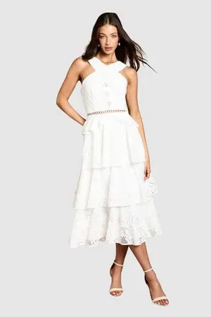 Coast Tiered Lace Halter Neck Midi Dress - Ivory
