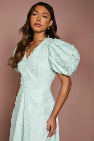 Coast Lace Puff-sleeve V-neck Midi Dress