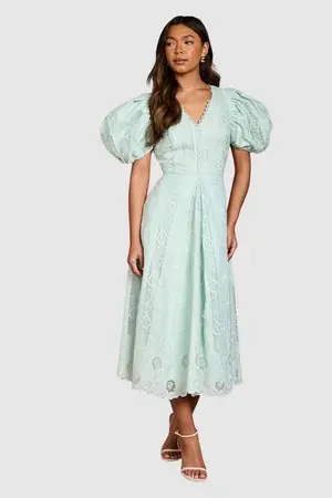 Coast Lace Puff-sleeve V-neck Midi Dress - Mint