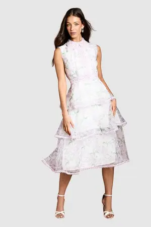 Coast Floral Tiered Midi Dress With Lace Collar - Ivory