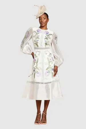 Coast Embroidered Blouson Sleeve Midi Dress - Light Blue
