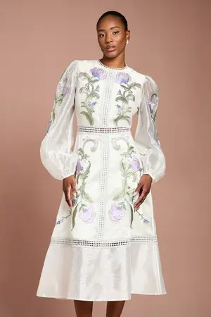 Coast Embroidered Blouson Sleeve Midi Dress