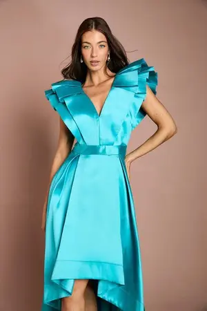 Coast V-neck High-low Midi Dress With Architectural Frill Sleeves