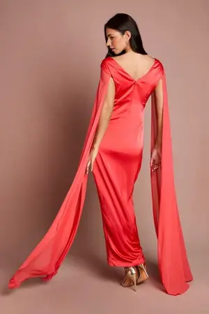 Coast Cape Sleeve V-neck Satin Maxi Dress - Coral