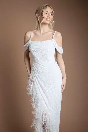Coast Bardot Neck Feather Trim Maxi Dress