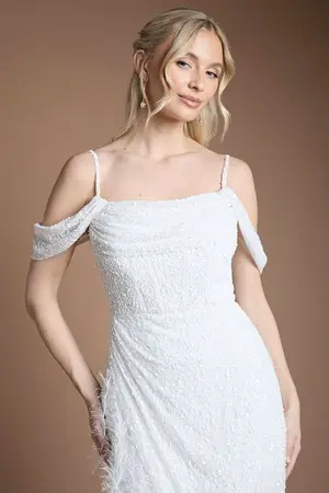 Coast Bardot Neck Feather Trim Maxi Dress