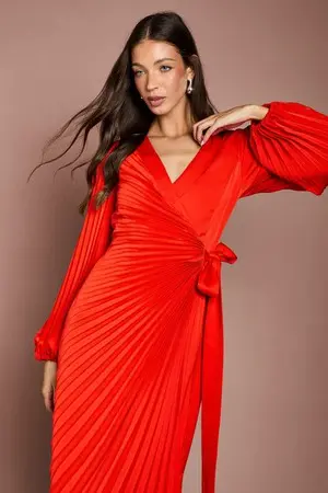 Coast Satin Long Sleeve V-neck Wrap Dress - Flame Red